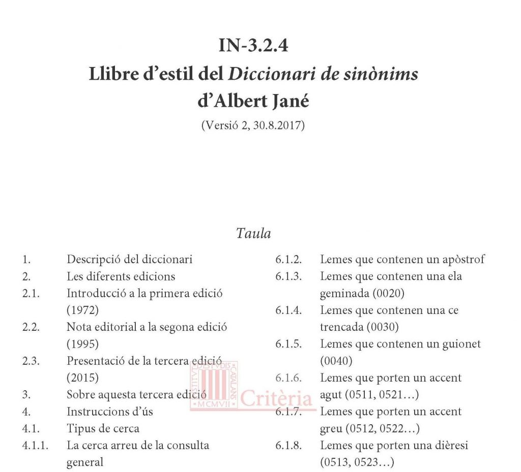 Actualització de l’entrada IN-3.2.4 de la intranet: «Llibre d’estil del ‘Diccionari de sinònims ...